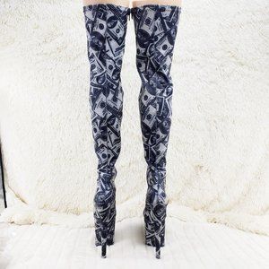 Pleaser | Shoes | Dollar Money Print Stretch Thigh High 8 Heel Boots ...